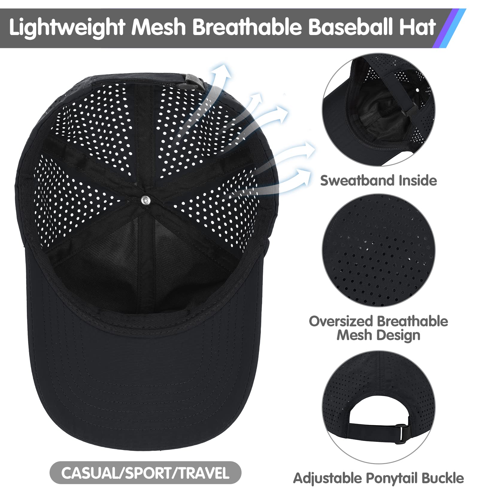 Komorebi Womens Baseball Cap High Ponytail Hat Quick Drying Mesh Trucker Hat Unisex Adjustable Running Hats Black Dad Hat Black Medium