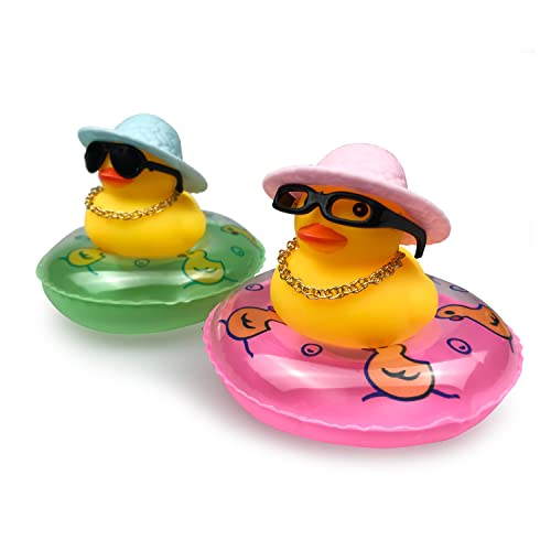 OEFWING 2PC Duck Car Dashboard Decorations Rubber Duck Car Ornaments for Truck Fun Litter Rubber Cool Duck Accessories with Mini Swim Ring Sun Hat Necklace and Sunglasses