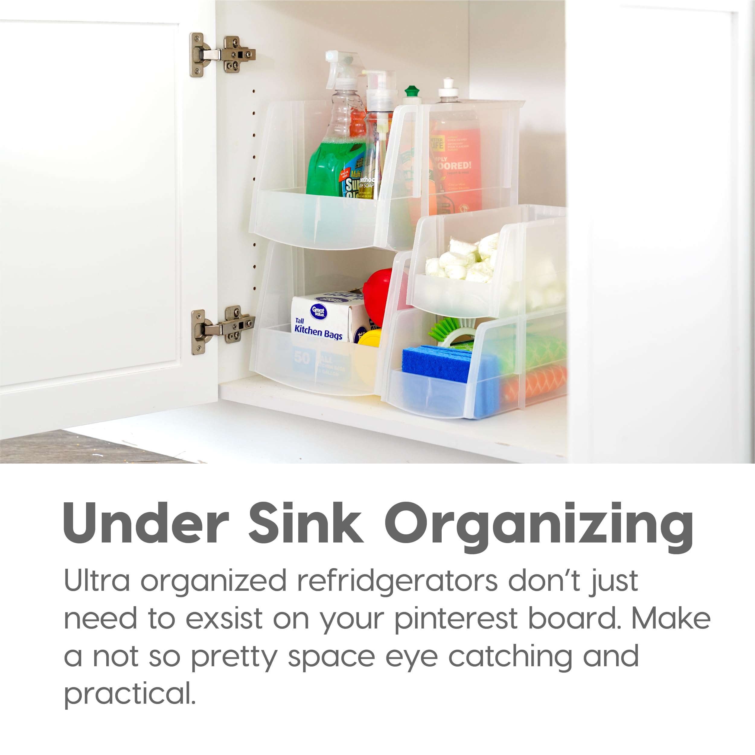 IRIS USA Inc. 11" x 6" x 5" Medium Plastic Stackable Open Front Organizer bin Caddy Basket for Refrigerator Freezer Kitchen Pantry Cabinet Workshop Garage Classroom Office Crafts Supplies 4 Pack Clear