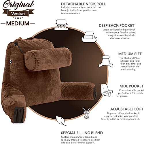 Husband Pillow Combo - Backrest Pillow with Arms : Medium Chocolate & Foldable Laptop Tray : Brown - Memory Foam Reading Pillows for Bed w/Removable Neck Roll & Laptop Bed Tray Table