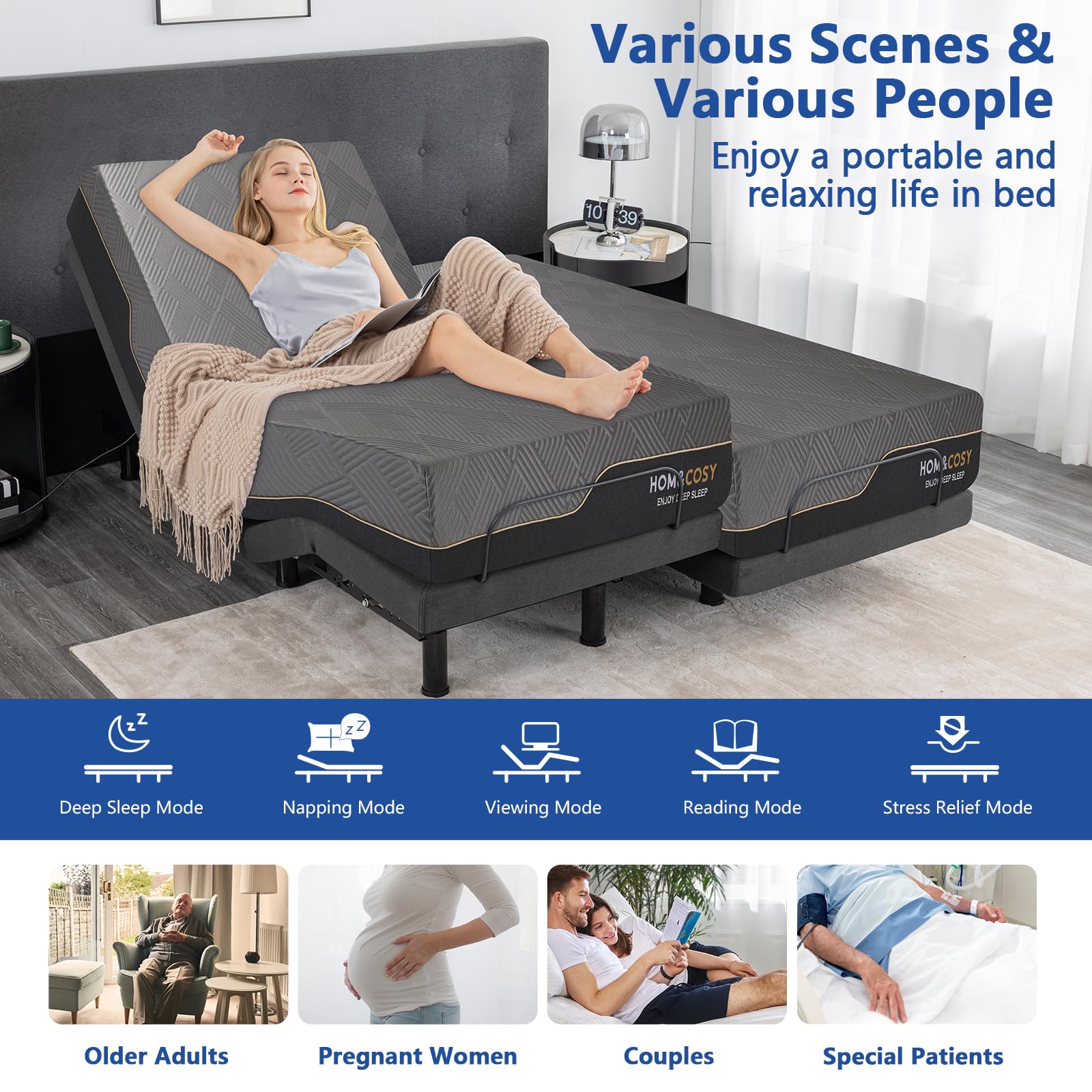 Split King Adjustable Bed Base with Grey Mattress, 12 Inch Gel Memory Foam Medium-Firm Mattress in Box, Adjustable Bed Frame, Thickened Form Frame, Massage, Wireless Remote, Electric Smart Bed