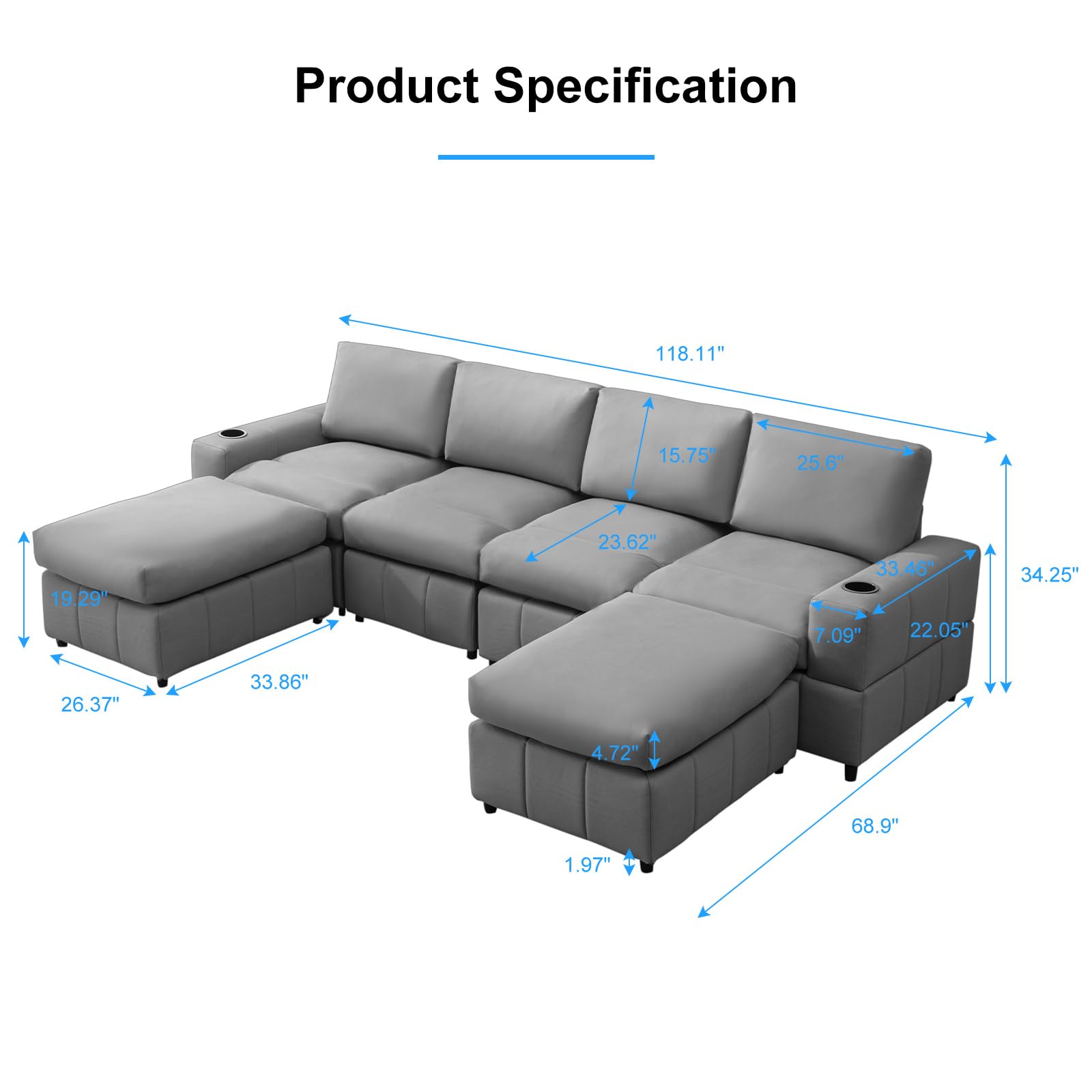 PUREMIND Modular Sectional Sofa, Convertible L Shaped Sectional Couches with Reversible Chaise for Living Room, Suede Leather 6-Seats U Shaped Sofa Sleeper with Cup Holder (Light Grey)