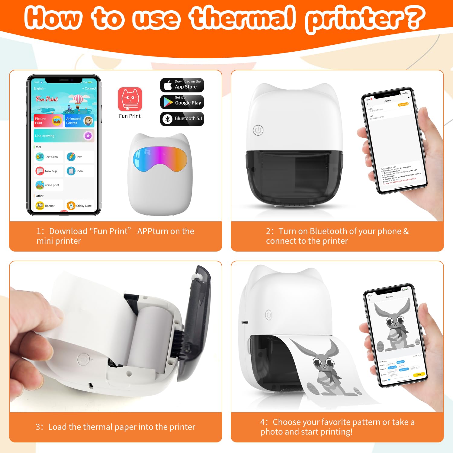 Mini Sticker Printer Pocket Printer, Portable Thermal Printer for Pictures/Journal/Receipts/Notes/Lists/Label/Memo/DIY/Travel/Kids Birthday Gifts, Wireless Bluetooth printer with Android or iOS APP