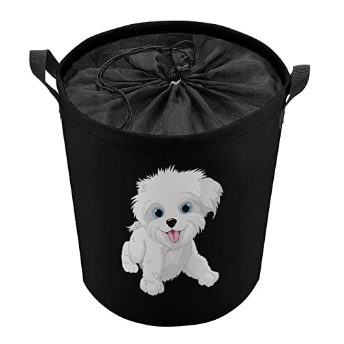 Playful Lap-Dog Laundry Basket Round Collapsible Storage Bin with Drawstring and Handle for Bedroom Bathroom Toys Room 17.3" X 13.8"
