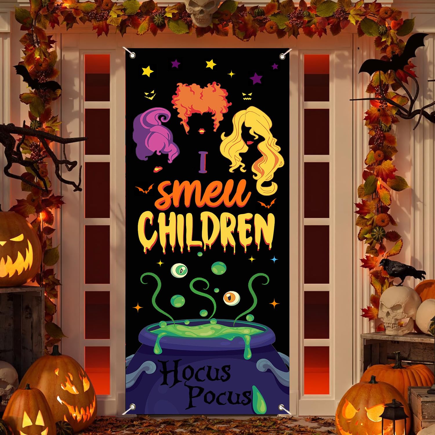 NEZFOR Halloween decoration door pocket, ""I smell children"" Halloween three witch sisters door pocket, party decoration front door logo banner indoor and outdoor Halloween supplies (29.5x71 inches)