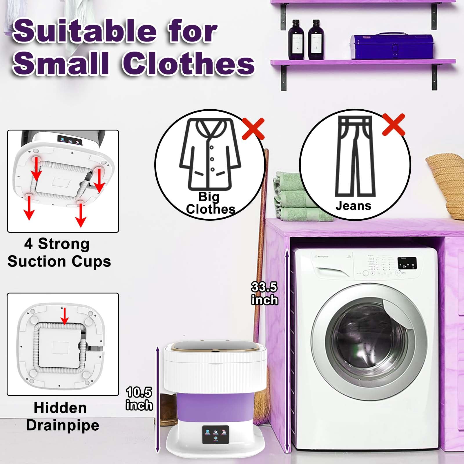 Mini Washing Machine, 11L Large Capacity Portable Washing Machine, Collapsible Foldable Washer and Dryer with Spin for Travel, Socks, Baby Clothes