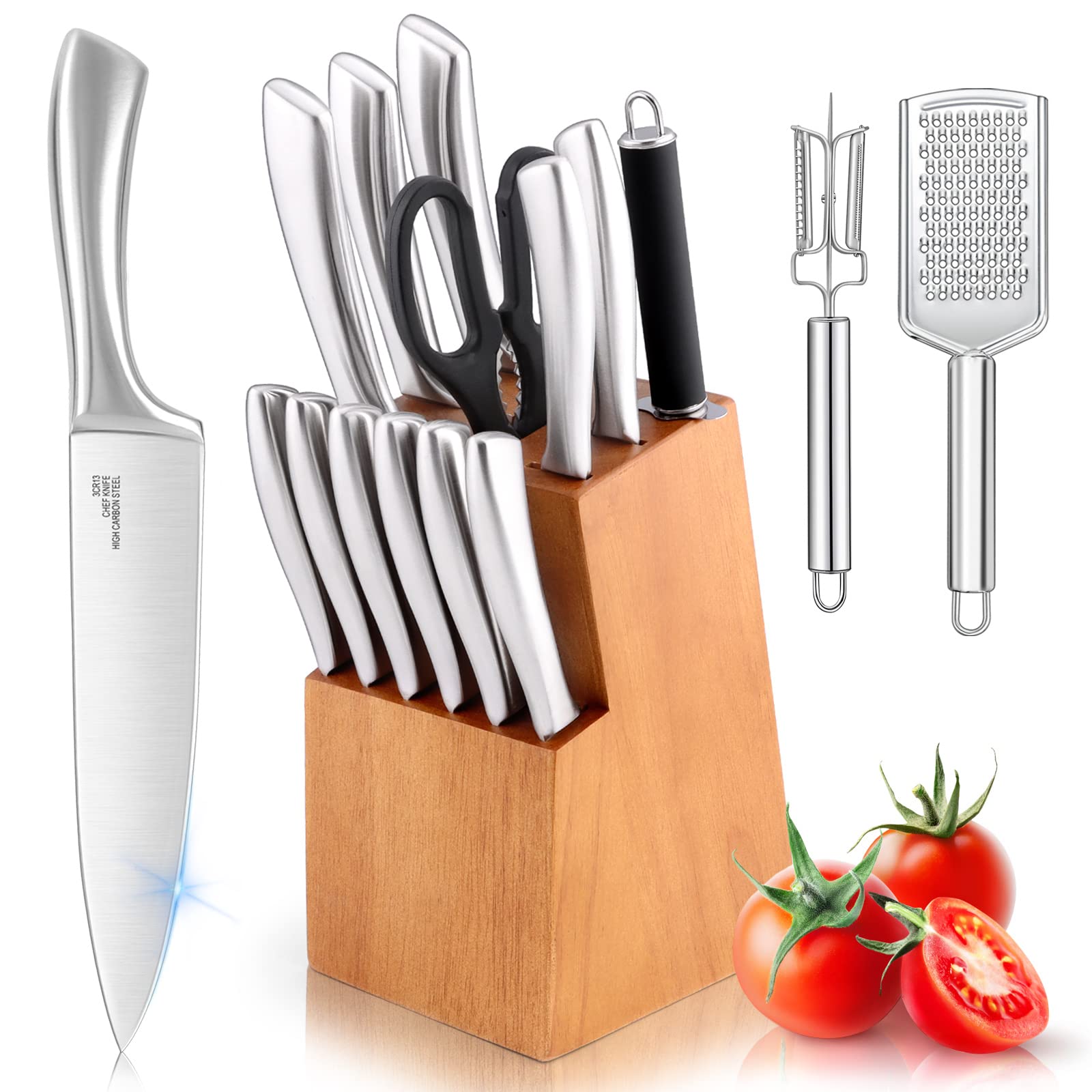 Knife Set for Kitchen with Block, E-far 16-Piece High Carbon Stainless Steel Knife Sets Includes Chef Utility Paring Steak Serrated Bread Knife & Sharpener Kitchen Shears, Full Tang & Forged Blades