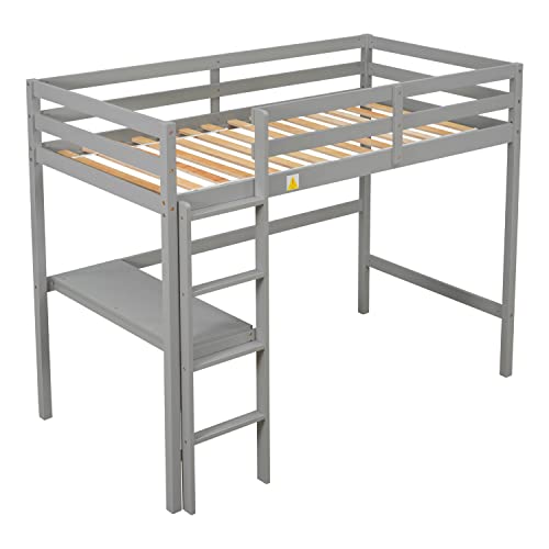 LCH Loft Bed with Built-in Desk, Solid Wood Frame for Kids Teens Adults (Twin Size, Grey)