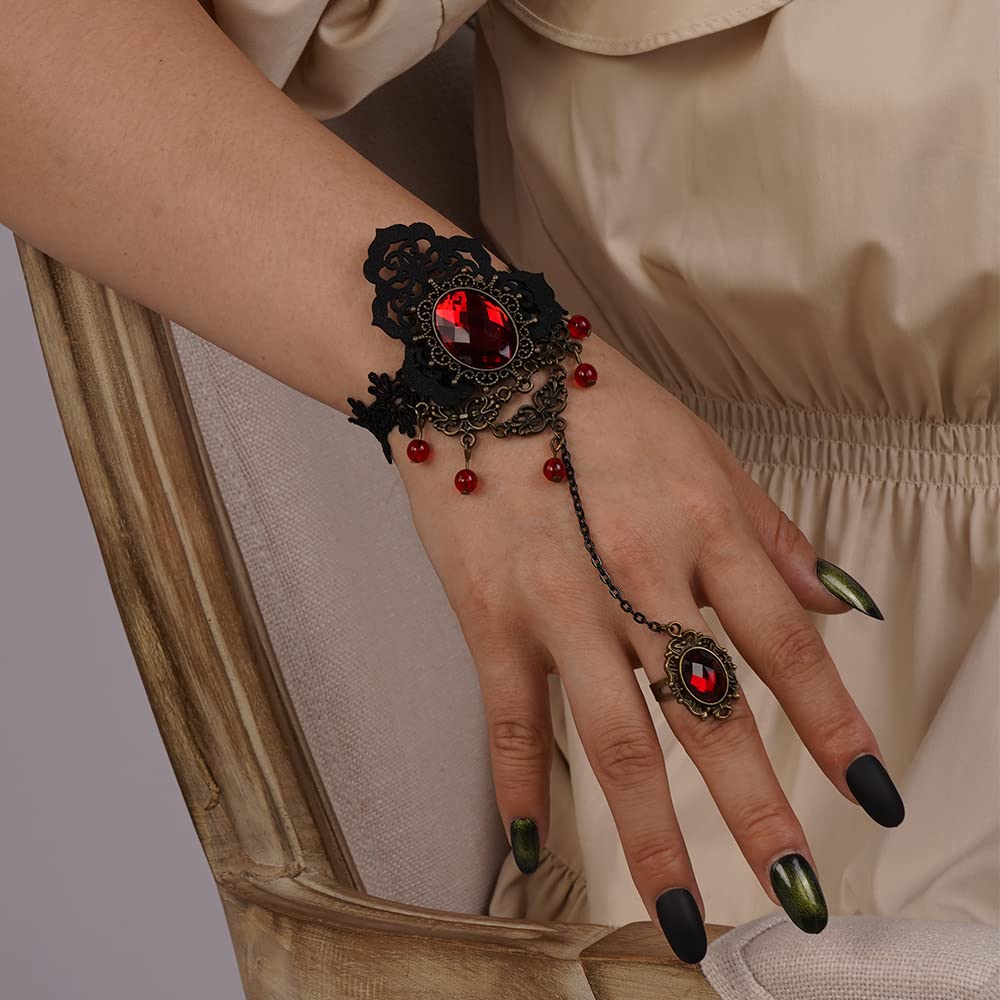 Kercisbeauty Black Lace with Ruby Red Rhinestones Bracelet Halloween Vampire Hand Harness with Finger Ring for Women Girls (Style 5)