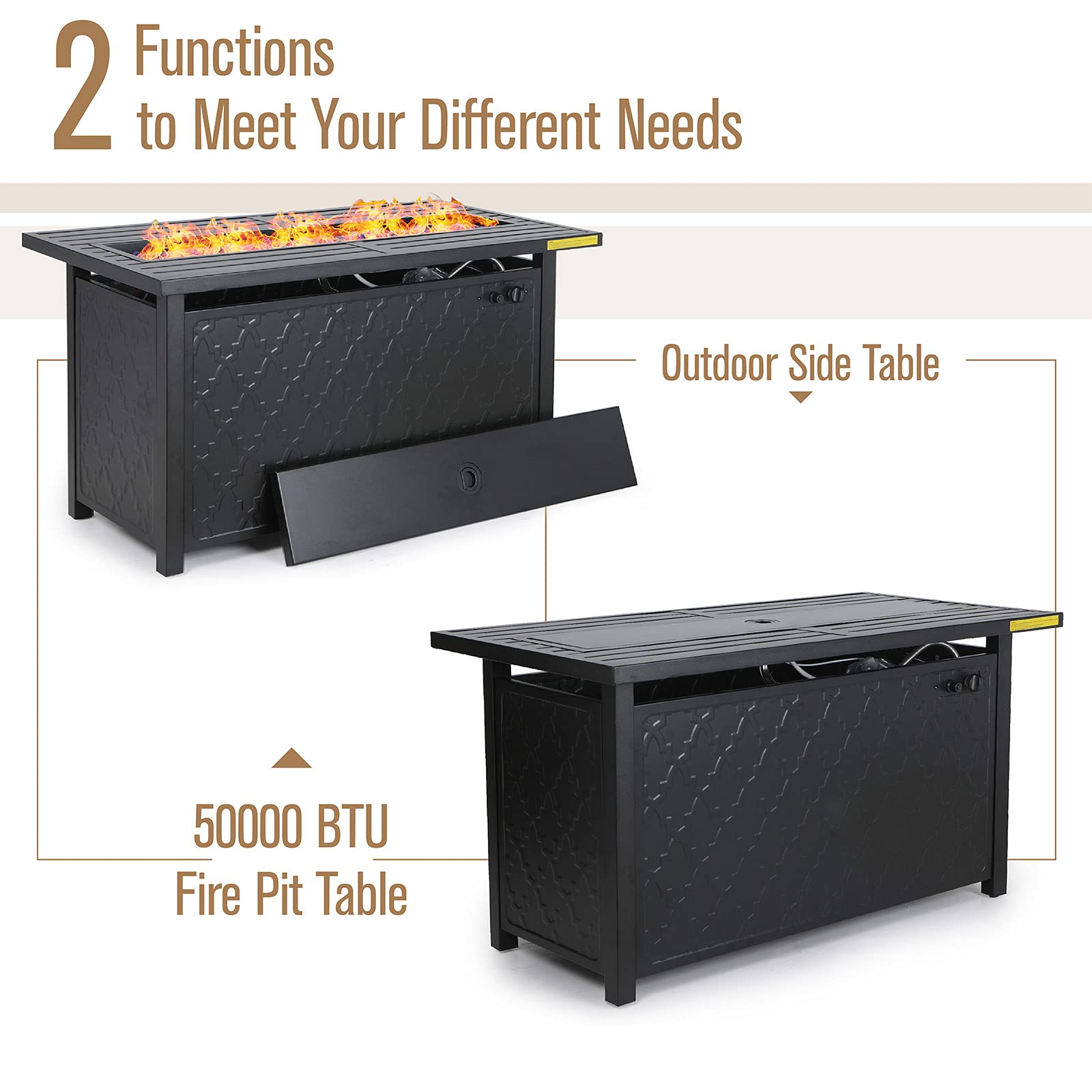 MFSTUDIO 45” Outdoor Rectangular Gas Fire Pit Table,50000 BTU Propane Iron Plate Embossing Fire Table with Lid and Blue Glass for Patio,Backyard and Balcony,Black