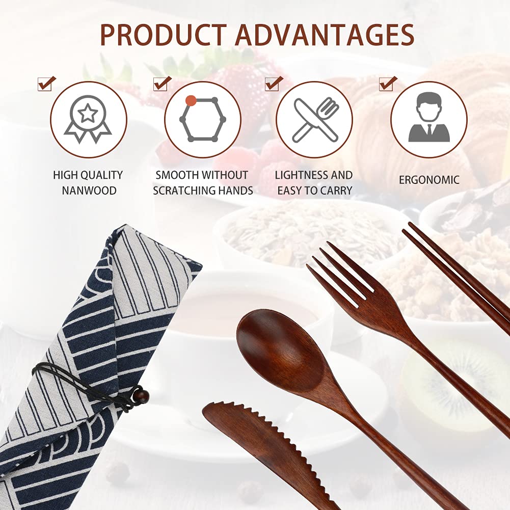 Ideashop Wooden Cutlery Set 16 PCS Reusable Flatware Set, Portable Wooden Utensils for Eating Includes Wooden Knife, Fork, Spoon, Chopsticks, with Pouch for Household Office Camping Traveling