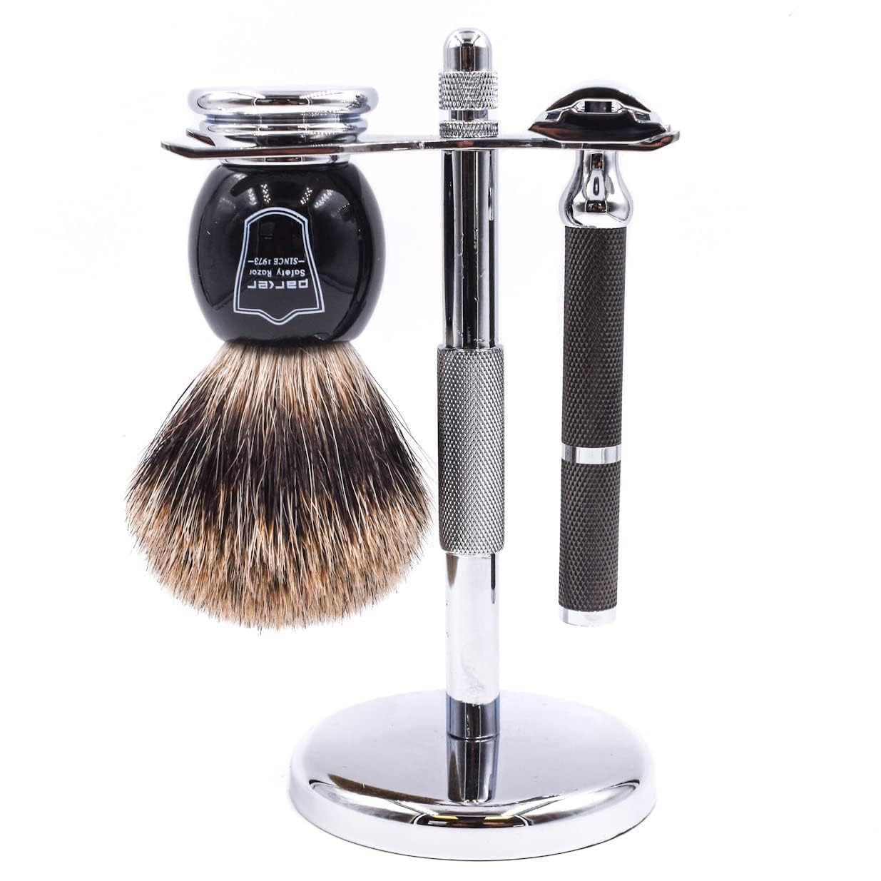 Parker 71R Safety Razor Shave Set - Includes Deluxe Pure Badger Brush, Chrome Stand, Parker Double Edge Safety Razor and 5 Parker Premium Double Edge Razor Blade Refills