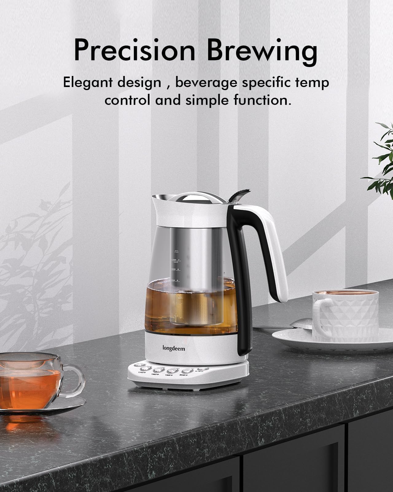 LONGDEEM Electric Glass Tea Kettle with Infuser, 1.7L Fast Boiling, Stainless Steel, Temperature Control Tea Maker, Non-BPA - Easy Lid Removal & Keep Warm Feature, White
