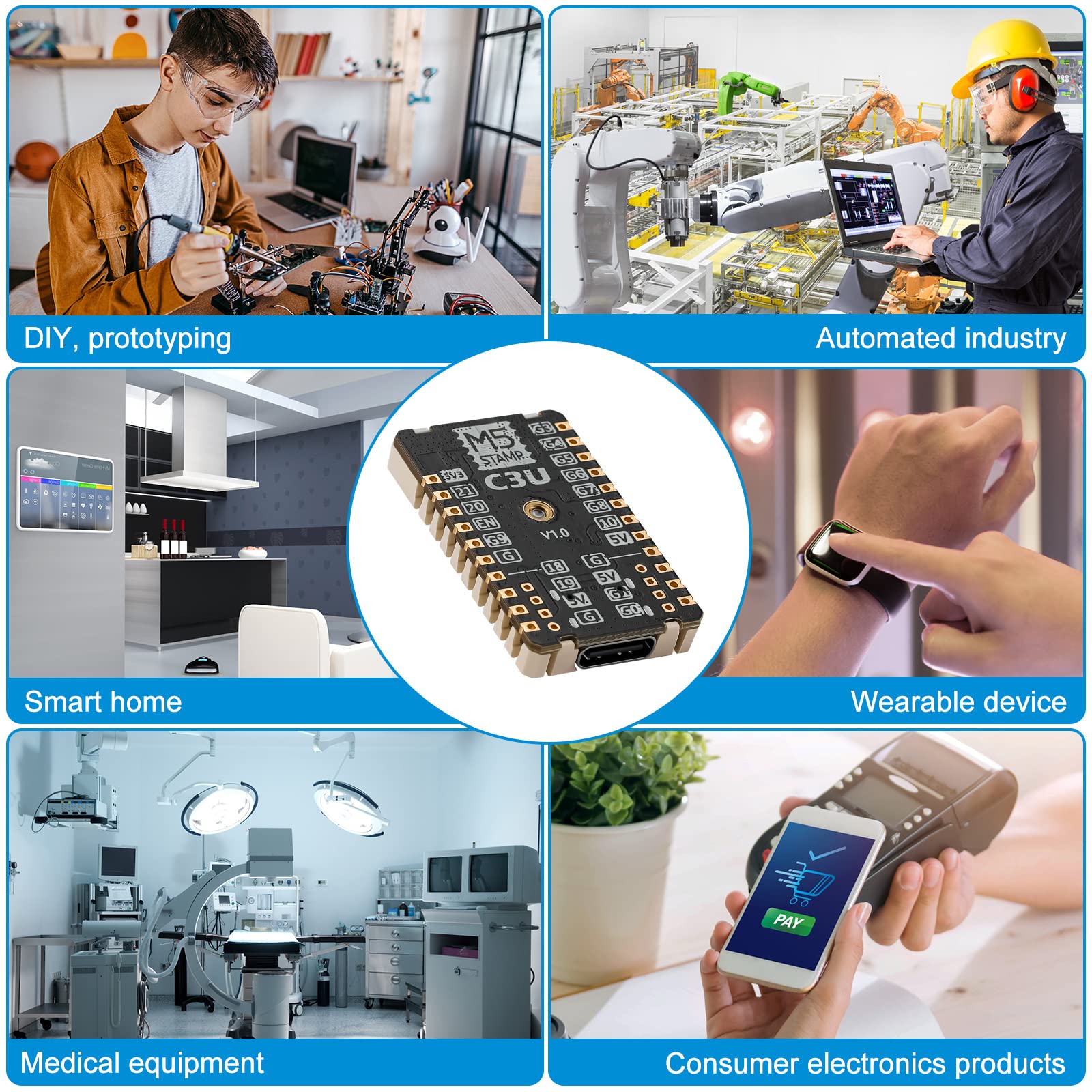 MakerFocus M5Stack M5Stamp C3U Development Kit: 2pcs ESP32-C3 Wi-Fi IoT Development Board Microcontroller for Industrial, Smart Home, wearables, DIY Supports Ar duino ESP32-IDF