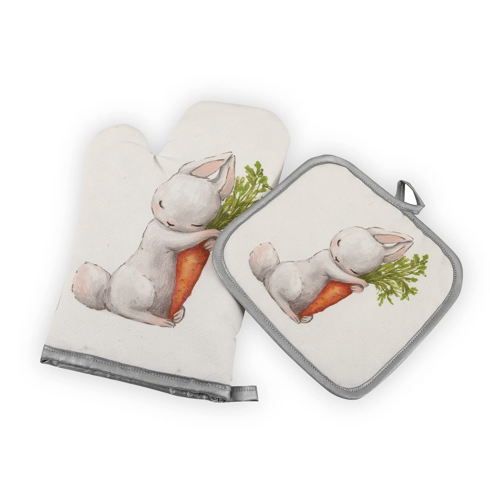 Kitchen Oven Mitts and Pot Holders Set,Pot Holders for Kitchen,Oven Mitt,Spring Cute Bunny Rabbit Print Oven Gloves and Pot Holders, Oven Gloves Mit Hot Pads for Kitchen Cooking Baking. Easter Gifts