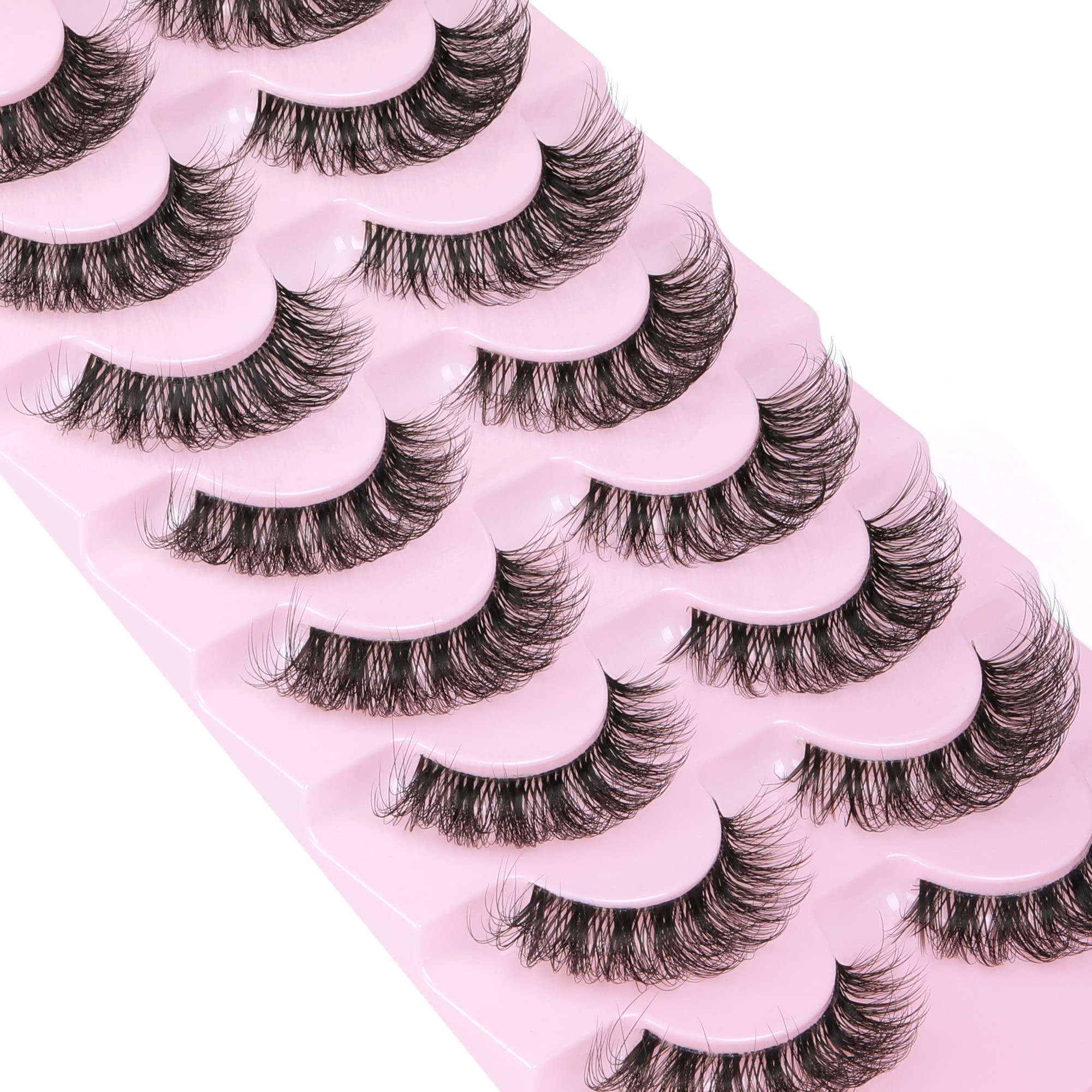 Natural lashes mink cat eye fluffy false lashes D curl Russian strip lashes extension clear band wispy curly fake eyelashes pack 8 pairs