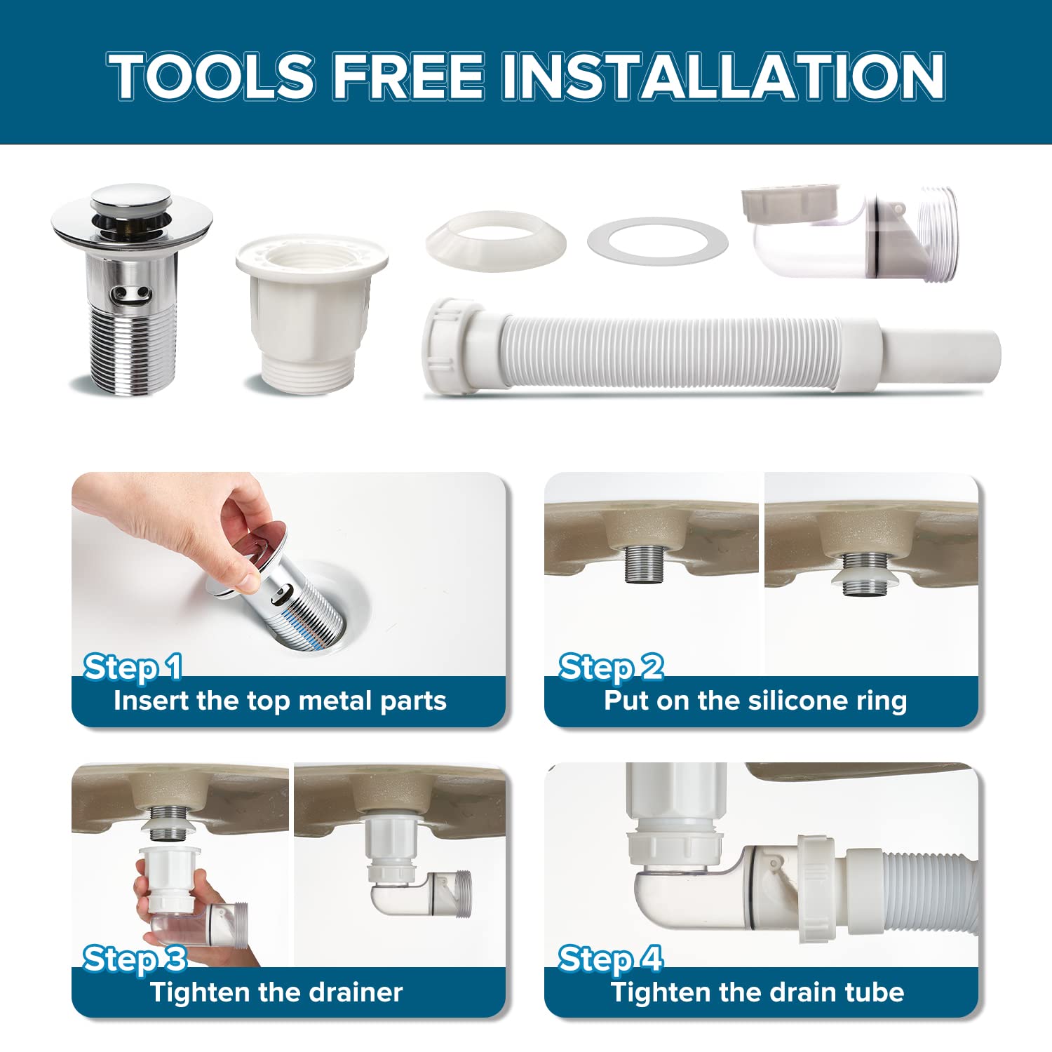 JEAPHA 2 in 1 Bathroom Sink Drain Kit with Flexible & Expandable P-trap pipe for bathroom sinks, Pop Up Drain for 1-1/2'' Drain Hole Extension Hose Tail Pipe, Fits Overflow or No Overflow Vessel Sink