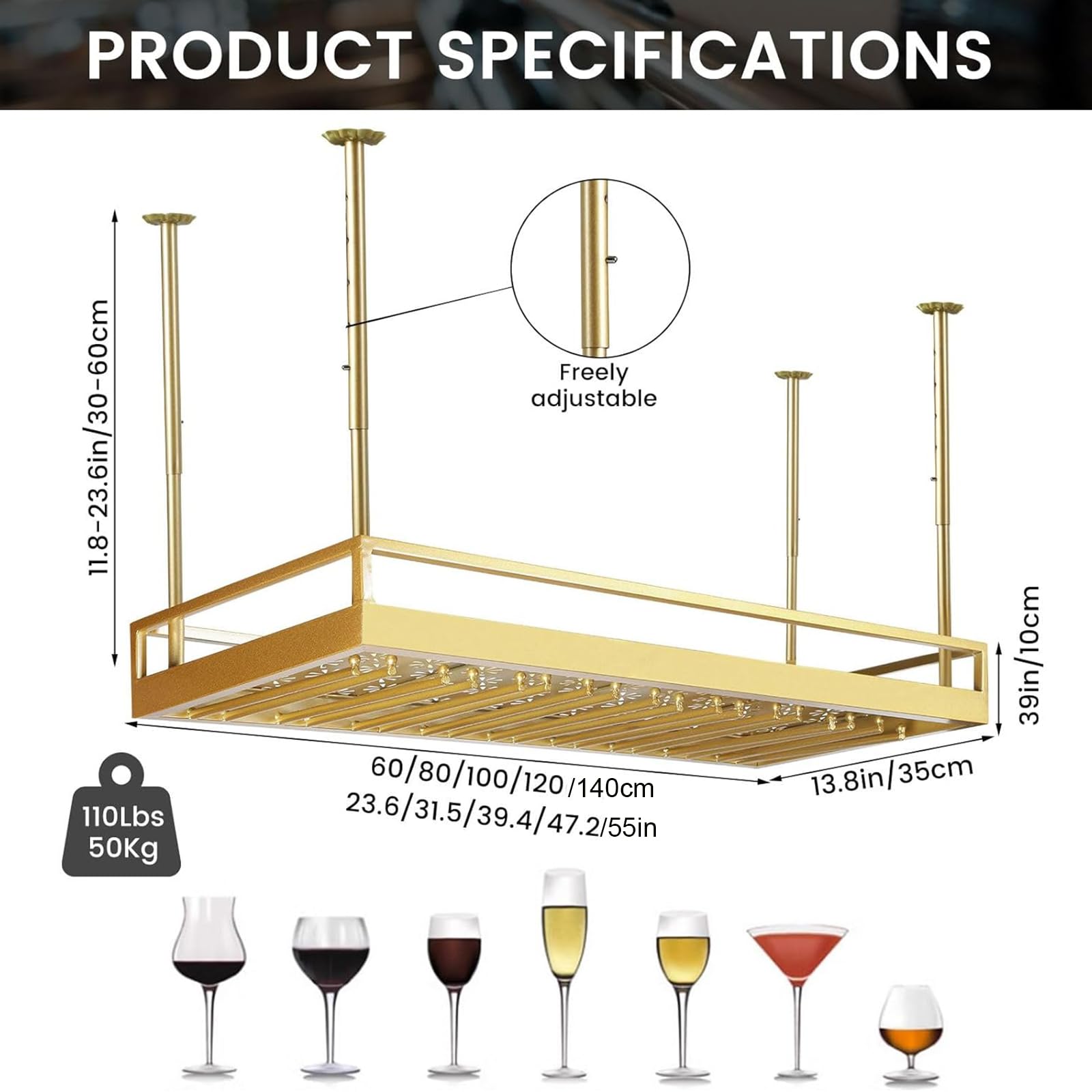 KEPMOGOH Ceiling Wine Glass Rack, Adjustable Hanging Metal Wine Holder Cabinet, Floating Iron Bottle Holder Wine Shelf, Wall-Mounted Wine Rack Storage Shelve for Bar Cafe Kitchen Party (39.4in)