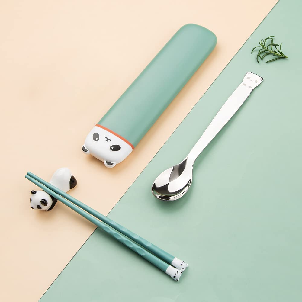 JinZu Portable Chopsticks Flatware Set, Silicone Lightweight Chopstick and Stainless Steel Spoon with Case, Reusable Portable Utensil for Camping,Traveling (Green)