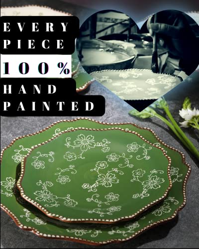 KUNABOO Artisanal Small Ceramic Plates, Salad Plates, Dessert Plates Ceramic Plates Set of 6-7.8” - Sakura Floral Series Pine Green - Ready to Wrap Gift