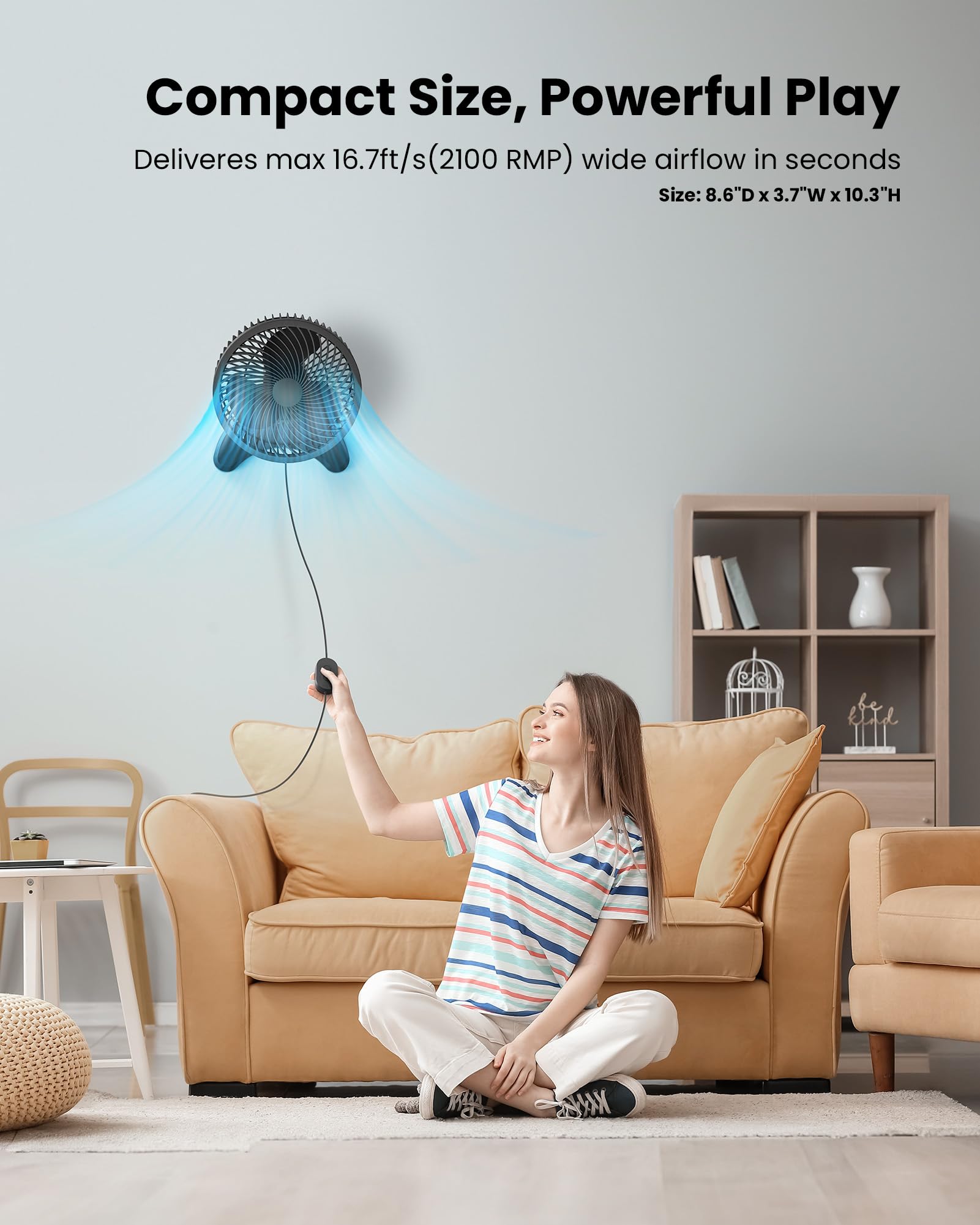 Koonie 8'' Wall Mount Fan, Quiet Small Wall Fan with Timer, 8.2ft Wired Remote, 80° Oscillation, 100° Adjustable, 3 Speeds High Velocity for RV Bedroom Kitchen Office Garage(Adapter Included)