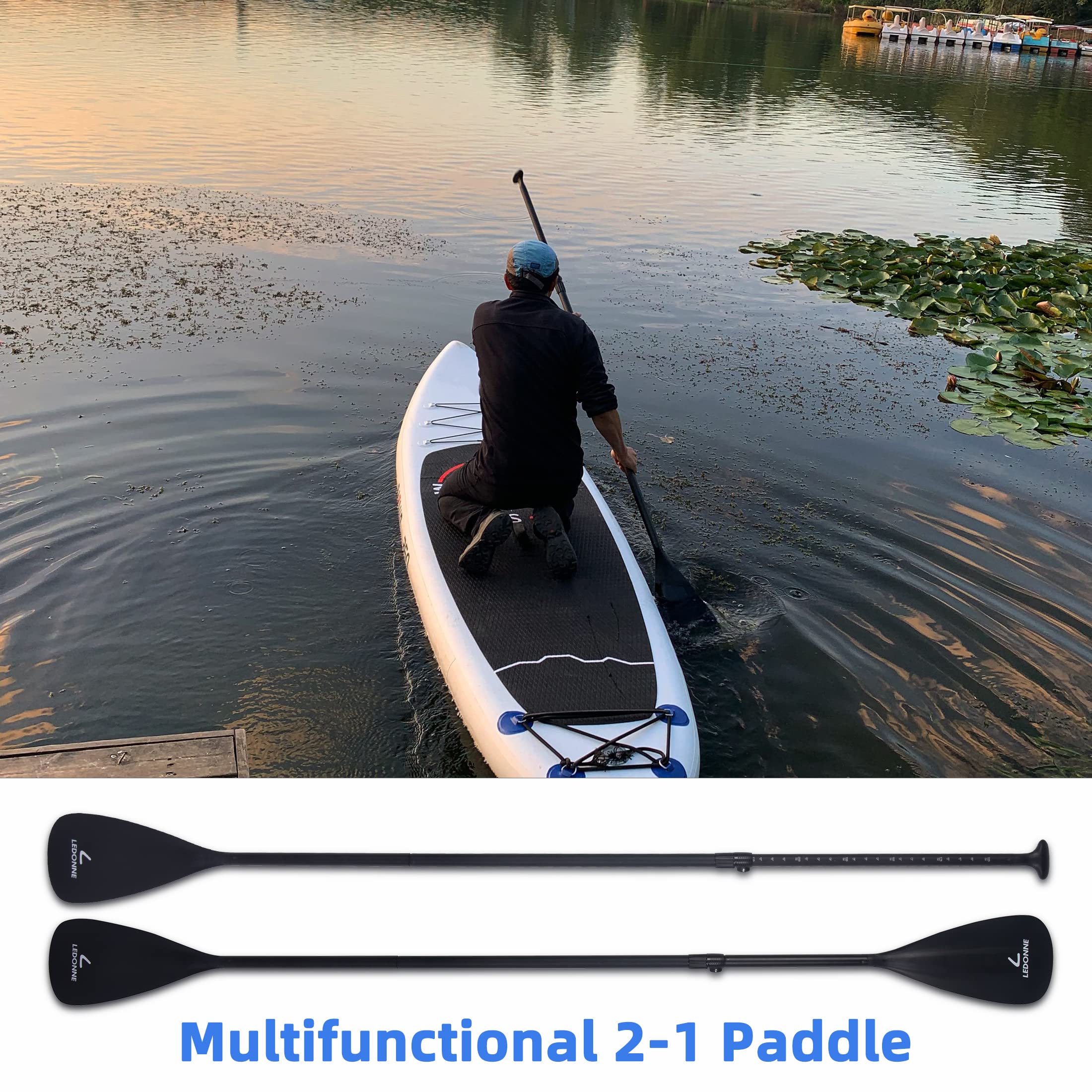 LEDONNE SUP Paddle 4-Piece Adjustable Stand Up Paddle Floating Lightweight Portable Kayak Paddle Paddleboard Oar with Aluminum Alloy Shaft, 2 Nylon Blades, Hook&Loop for Floating Water Sport, Black