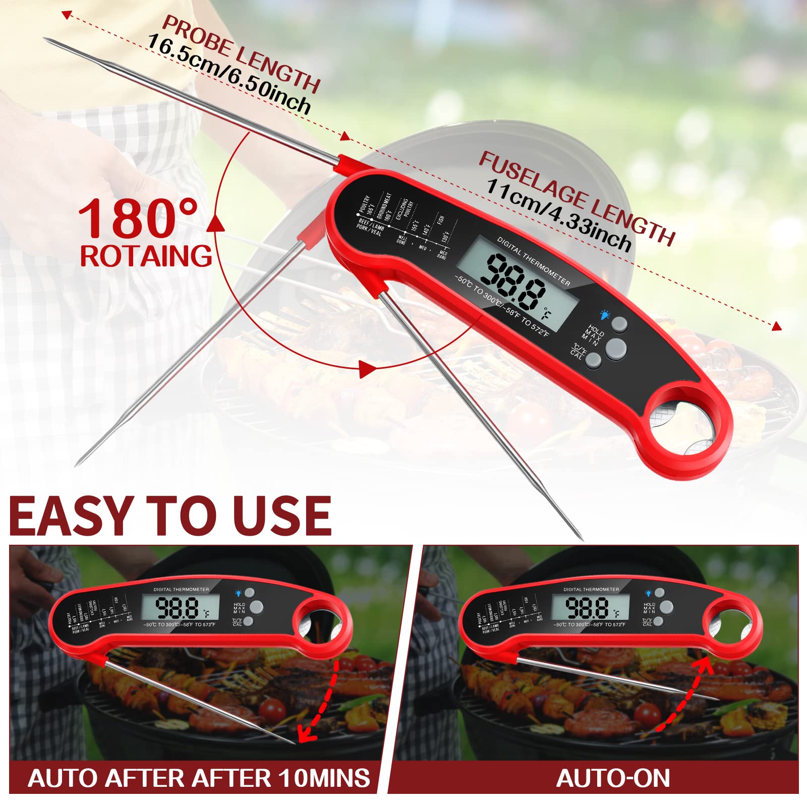 Leelosp 3 Pcs Digital Meat Thermometer with Probe Waterproof Fast Read Food Thermometer Kitchen Grilling Cooking Thermometer with Backlight Magnet and Calibration for Baking BBQ Outdoor, Red and Black