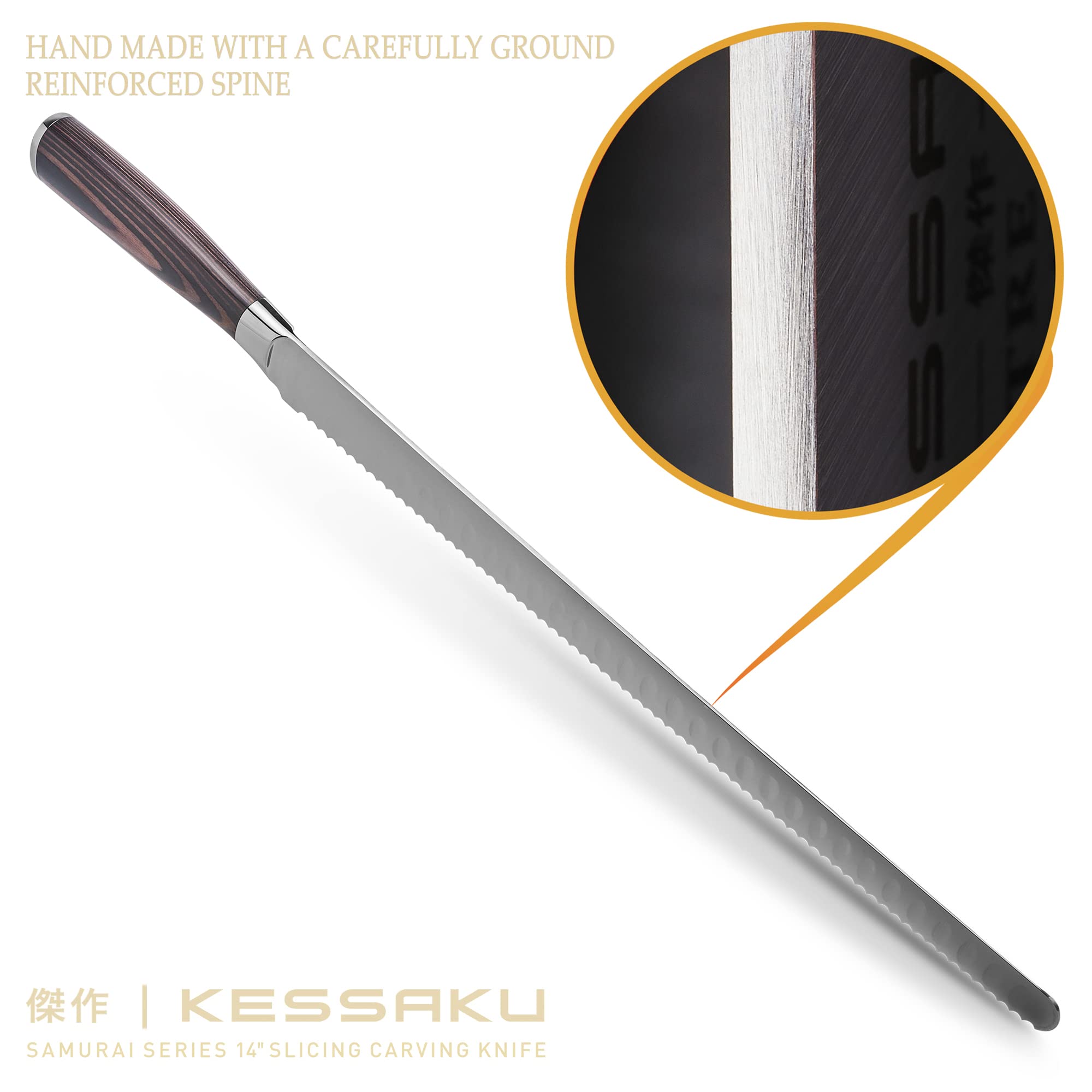 KESSAKU 14-Inch Slicing Carving Knife - Samurai Series - Serrated Granton Edge - Forged High Carbon 7Cr17MoV Stainless Steel - Pakkawood Handle with Blade Guard