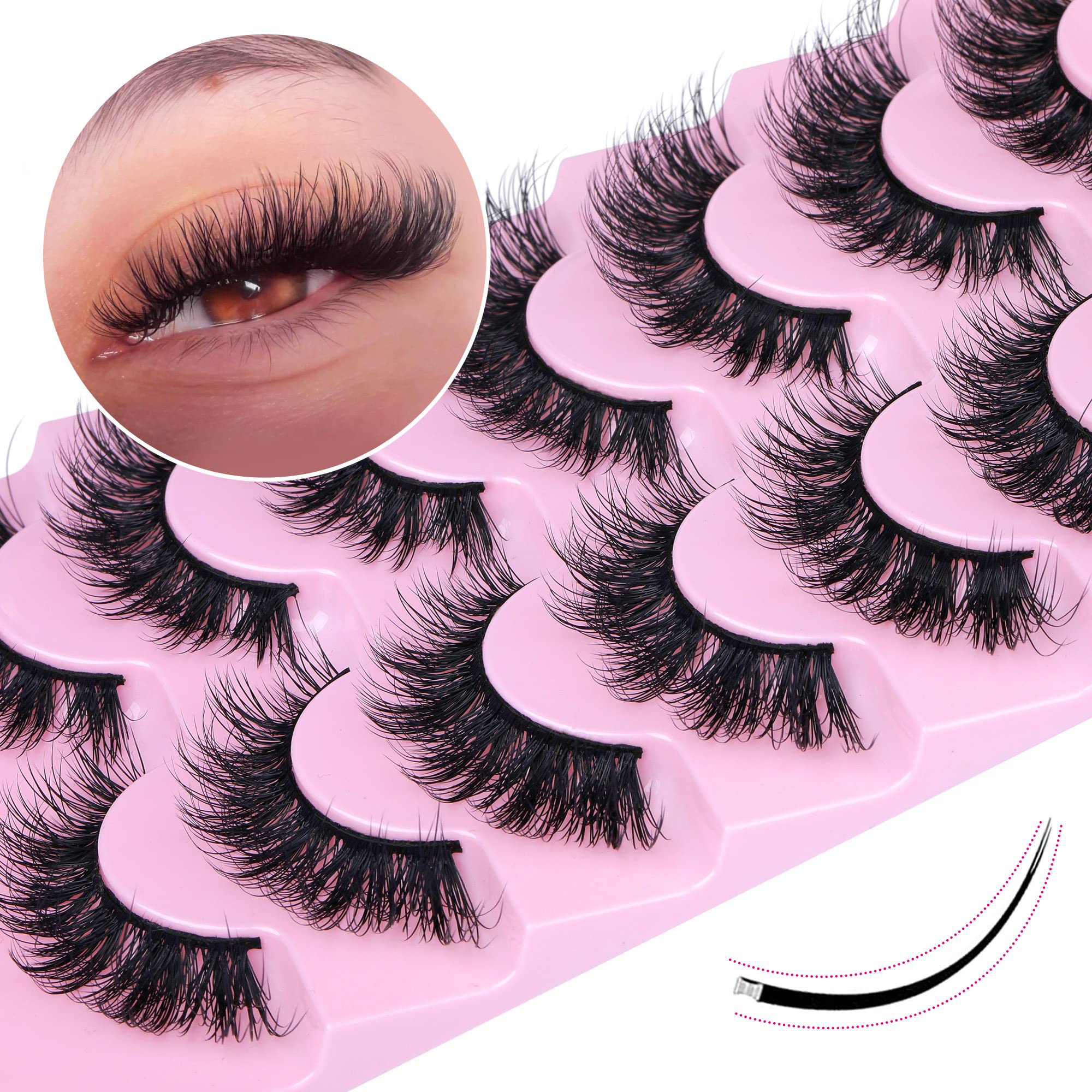 Mink Lashes Natural Look Wispy False Eyelashes Fluffy Flat Lashes Extensions Strip Curly Fake Eyelashes Handmade Cat Eye Lashes 7 Pairs Multipack By GVEFETIEE Black