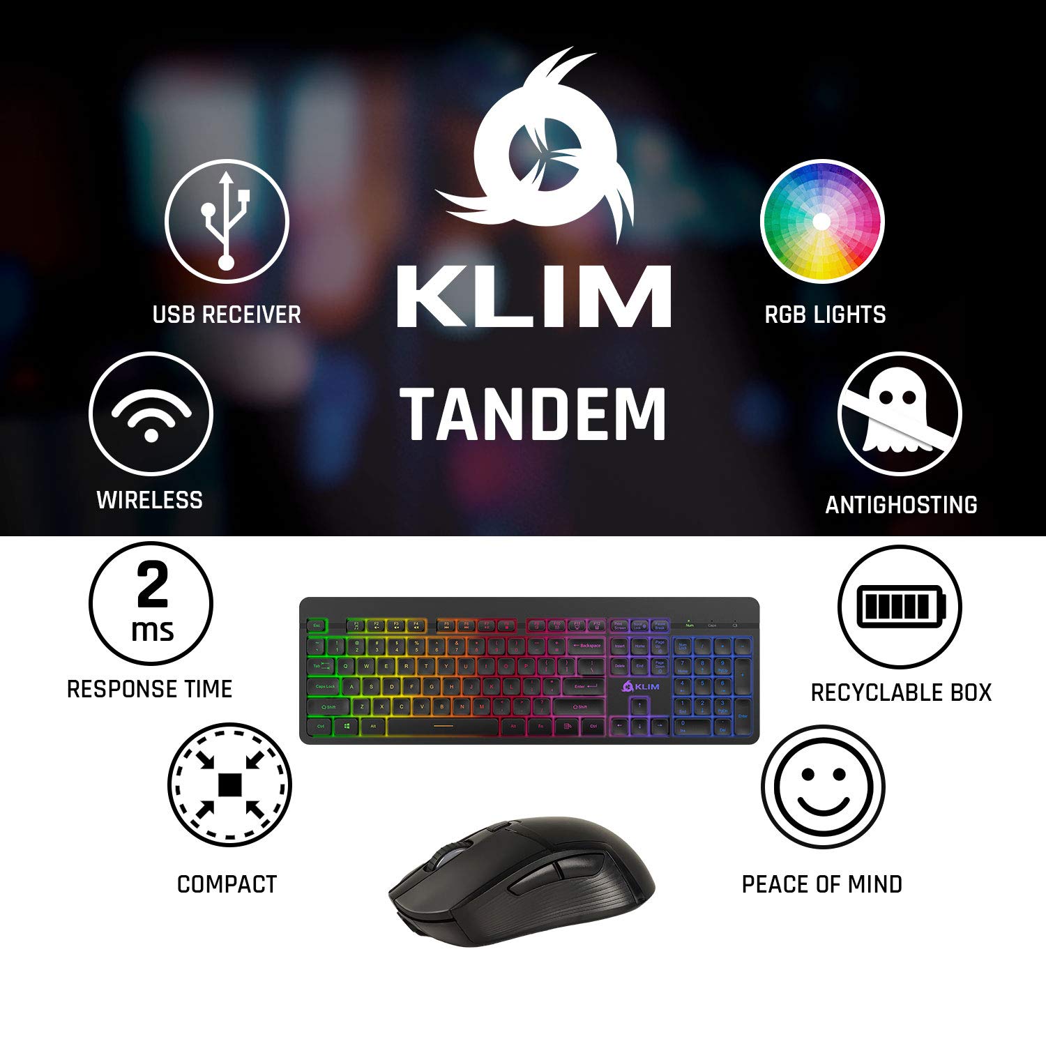 KLIM Tandem - Wireless Gaming Keyboard and Mouse Combo + Slim, Durable, Ergonomic + Illuminated + Long-Lasting Built-in Battery (Renewed), Black