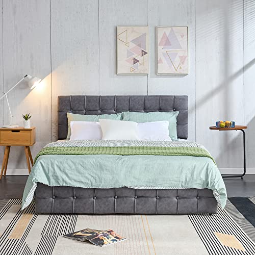 Oudiec Modern Upholstered Queen Size Bed Frame with Adjustable Headboard,Heavy Duty Button Tufted Bed Frame with Wood Slat Support for Dorm,Bedroom,Guest Room, Grey
