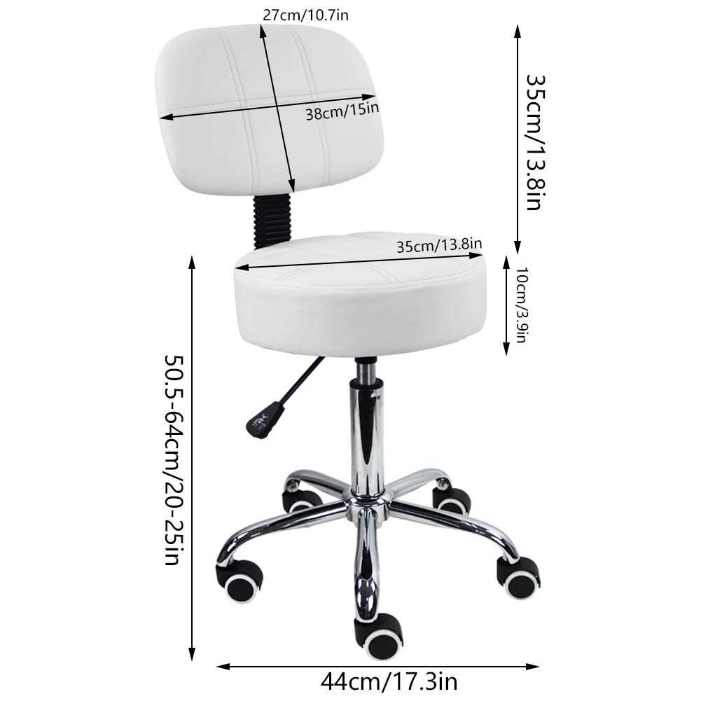 KKTONER Round Rolling Stool with Back PU Leather Height Adjustable Swivel Drafting Work SPA Salon Stools Chair with Wheels White