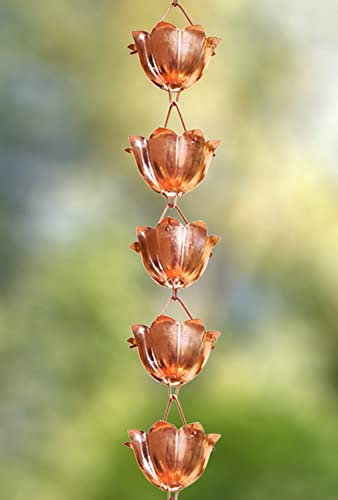 Monarch Rain Chains 28519 Pure Copper Lotus Large Cup Rain Chain, 8-1/2 Feet Length Replacement Downspout for Gutters, 8.5 Ft