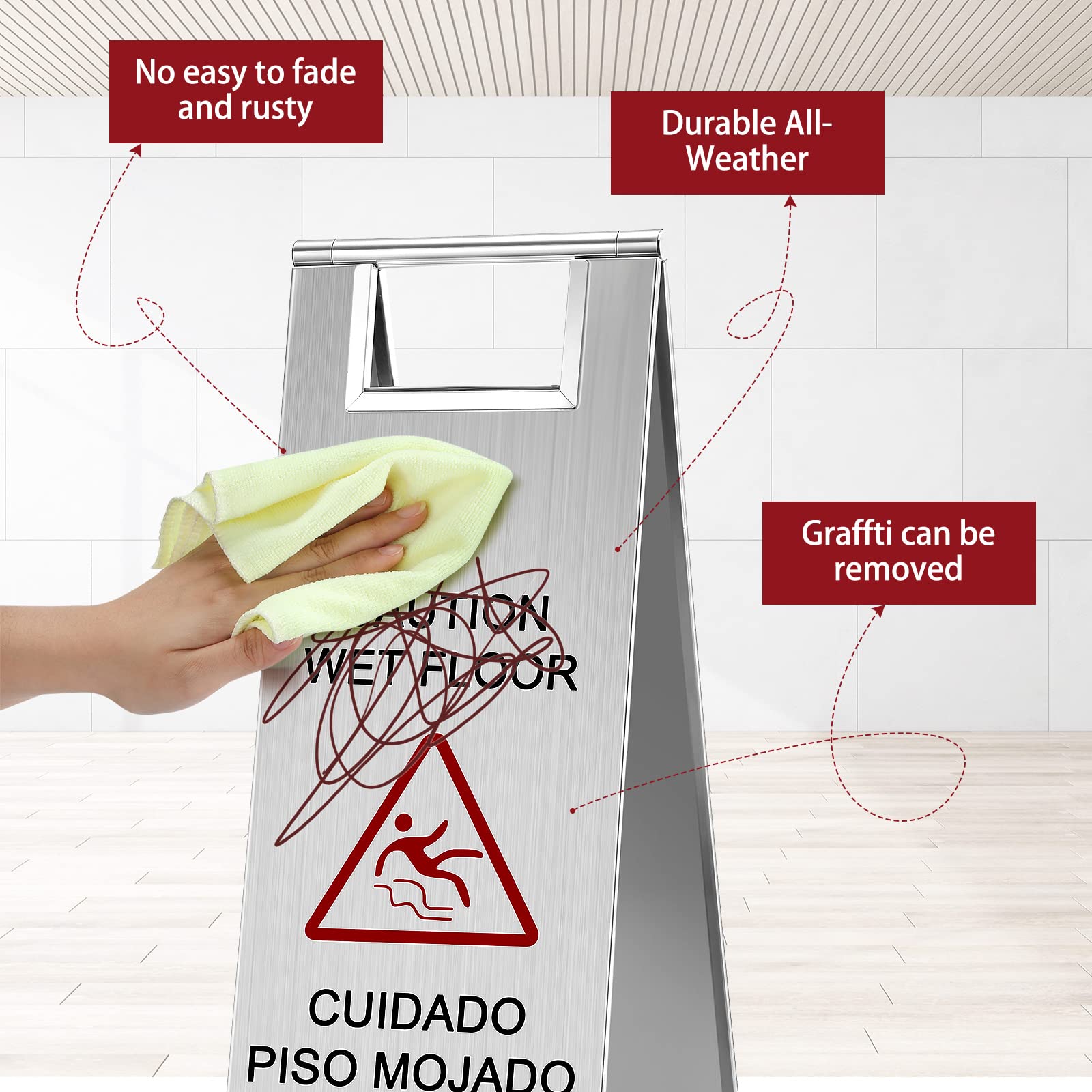 LEIFIDE 4 Pcs Stainless Steel Wet Floor Caution Sign Bulk 8.8 Pound Portable Foldable Handle Bilingual Safety Sign for Kitchen Restaurant Shop commercial Use Avoid Fall and Slip Accident(4 Pcs)