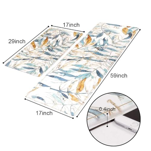 Kitchen Rug Set, LEEVAN Kitchen Floor Mats 2 Piece PVC Leather Anti Fatigue Comfort Heavy Duty Waterproof Oil Proof Non-Skid Rubber Back Washable Doormat Bathroom Area Rug(17" X 29"+17" X 59", Leaves)