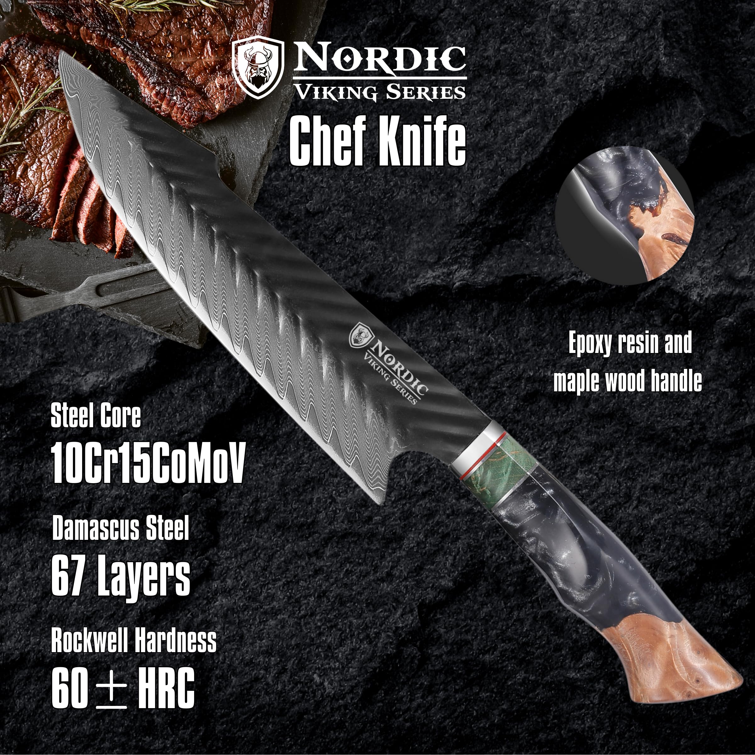 Nordic New Viking Series Professional 8 Inch Chef Knife, Damascus Chef Knife, 67 Layers, Hand Forged Chef Knife with Resin and Maple Wood Handle and Leather Sheath