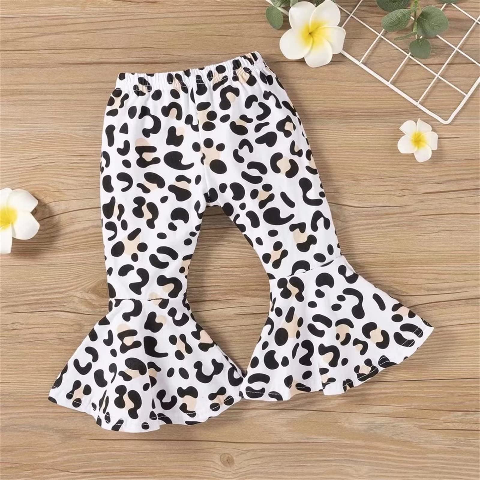 Little Toddler Baby Girl Bell-Bottom Pants Leggings Outfit Flared-Sleeve Top + Leopard Print Flared Trousers Suit