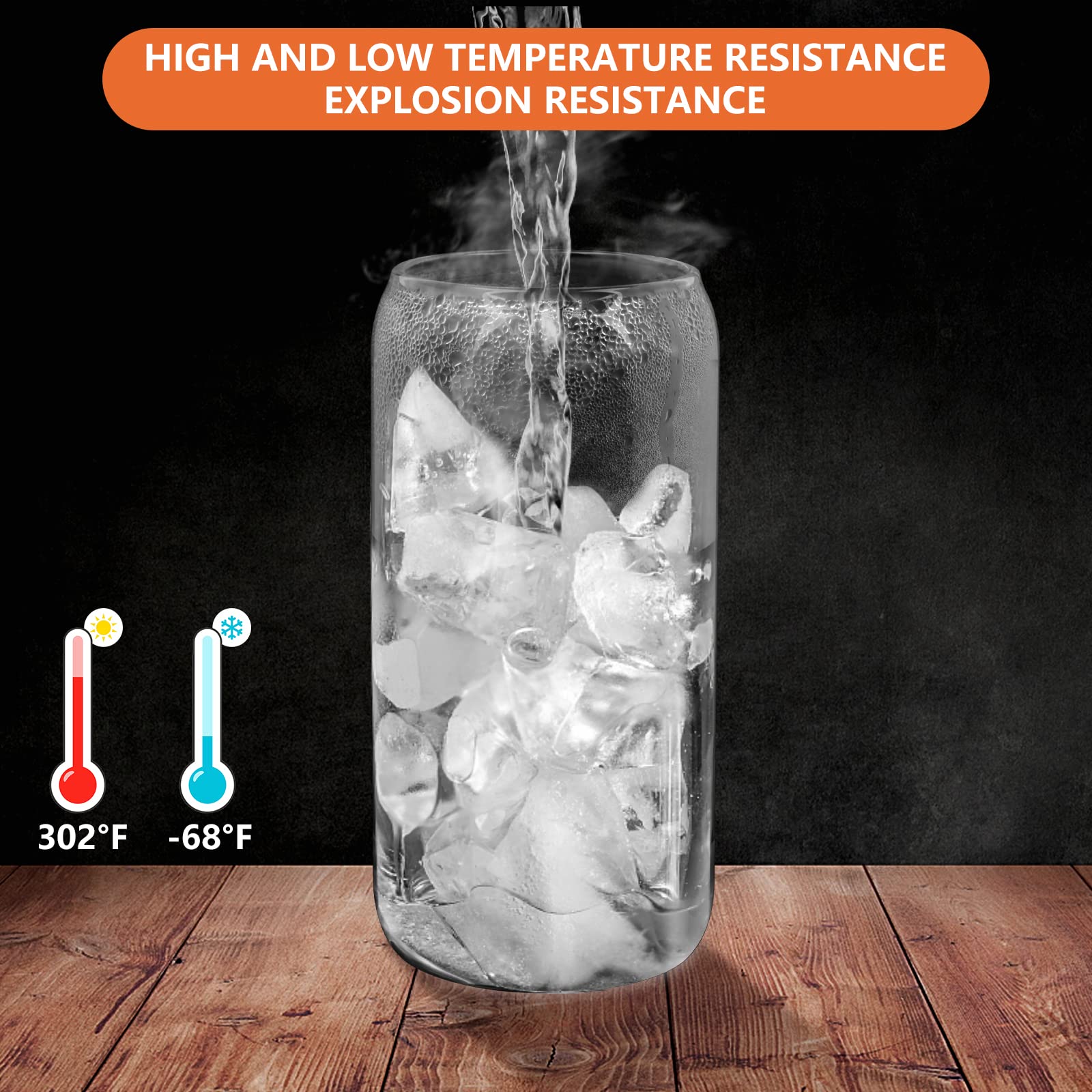 JOYMATE Drinking glasses with Bamboo Lids and Glass Straws 6pcs Set 16oz Can Shaped Glass Cups，Coffee Glasses，Cold Drinks Glasses，Cute Tumbler Cup，Cocktails cups，easy to clean-2 brushes