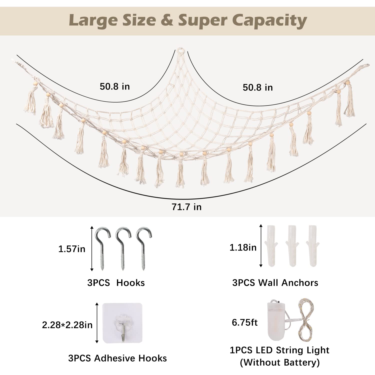 Large Stuffed Animal Hammock with LED Light, Stuffed Animal Net for Toy Storage and Wall Decor, Hanging Corner Net Holder with Hooks, Plush Macrame Toy Hammock Organizer for Nursery Playroom Bedroom
