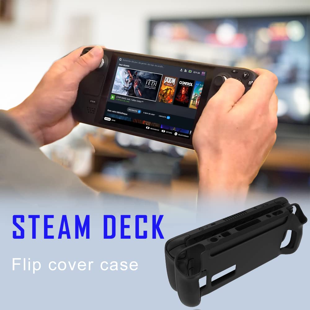 KMCIA Flip Cover for Steam Deck with 2 Pack Screen Protectors, Slim Protective Case with Magnetically Detachable Front Cover & Anti-Slip Thumb Caps Compatibe with Steam Deck -Black (Flip)