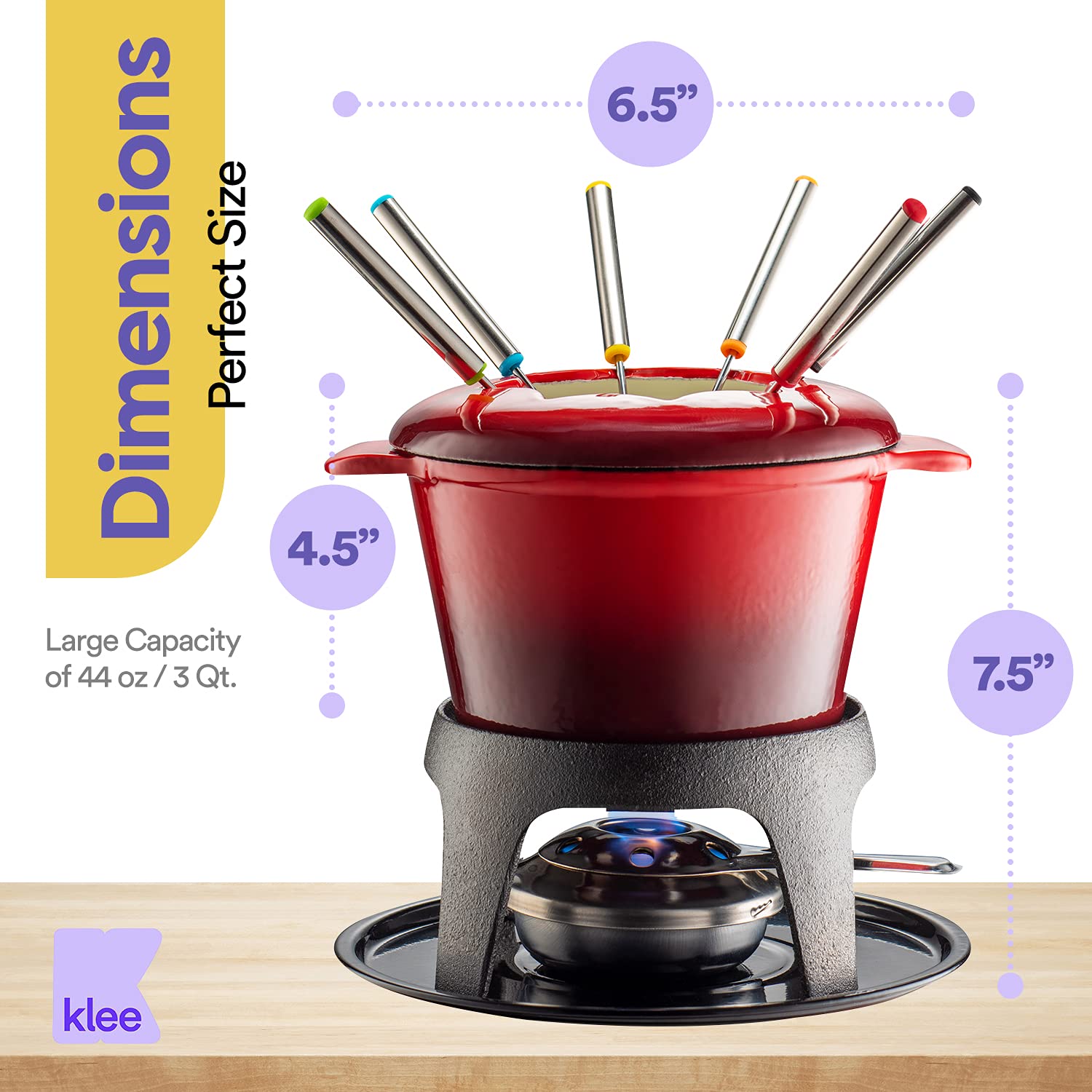 Klee 12-Piece Cast Iron Fondue Set with Red Fondue Pot, 6 Fondue Forks, Fondue Burner and Fondue Pot Base, 44 oz