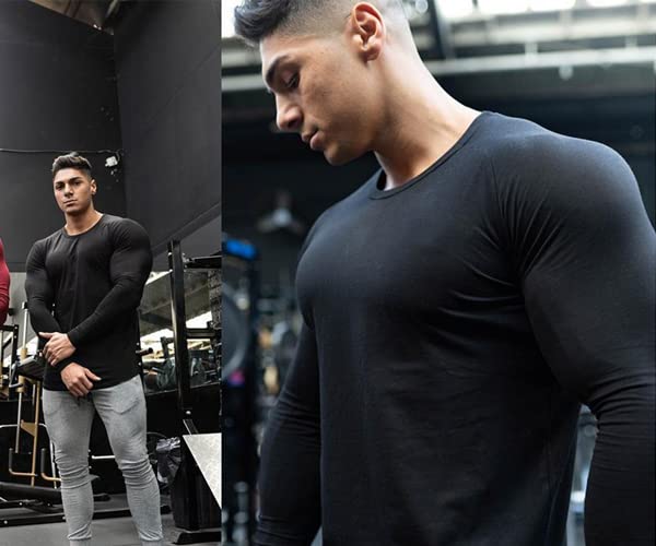 KELLORENA Men's Muscle T-Shirt Stretch Breathable Long Sleeve Casual Hipster Tops Gym Workout Athletic Slim Fit Cotton Tee Black
