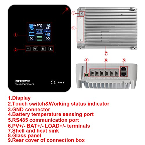 MPPT Charge Controller 60A +WIFI Cloud Moduel,12V/24V Auto Max Input 100V, 780W/1560W for Lead-Acid, Lithium Battery Charging , Common Negative. Support PC Software【WiFi module cloud APP monitoring 】