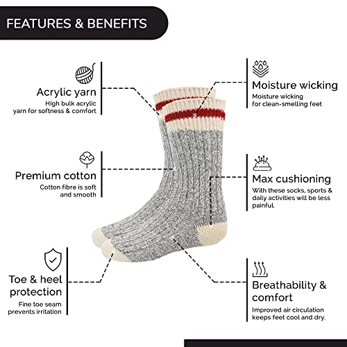 Kodiak Kid's Heritage Stripe Classic Hiking Boot Camp Sock, 4 Pairs, Red Stripe, Size 7-9