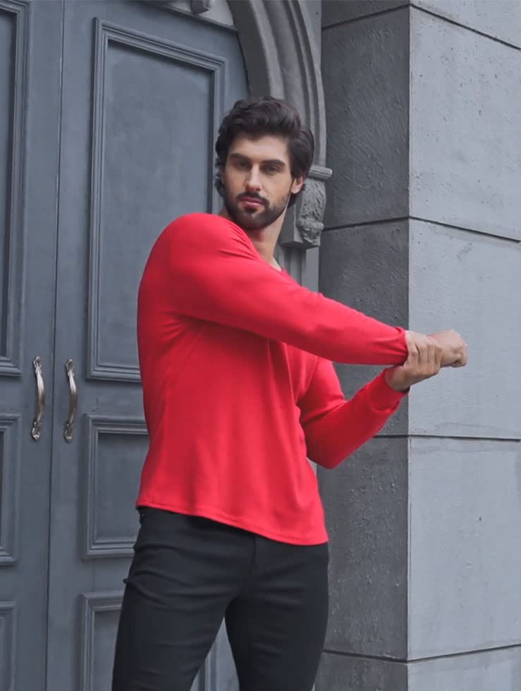 KELLORENA Men's Muscle T-Shirt Stretch Breathable Long Sleeve Casual Hipster Tops Gym Workout Athletic Slim Fit Cotton Tee Red
