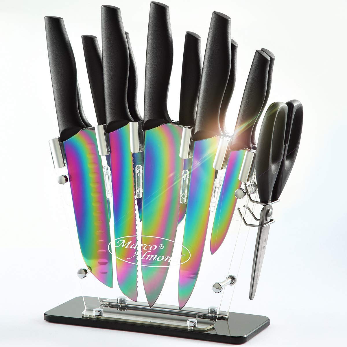 KYA35 14 PCS Rainbow Titanium Coating Cutlery Knives Block Set + KYA52B 7 PCS Stainless Steel Cooking Utensils Sets with Titanium Plated