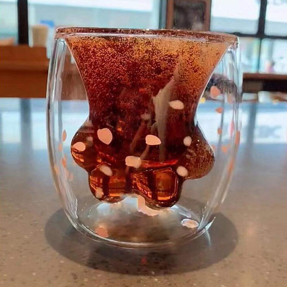 Jsacemxi Sakura Coffee Mug Double Wall Glass Cup Cat Claw Cup Heat-Resistant Handmade Creative Milk Mug Tea Whiskey Cup (Cat Paws) (Cute cups)