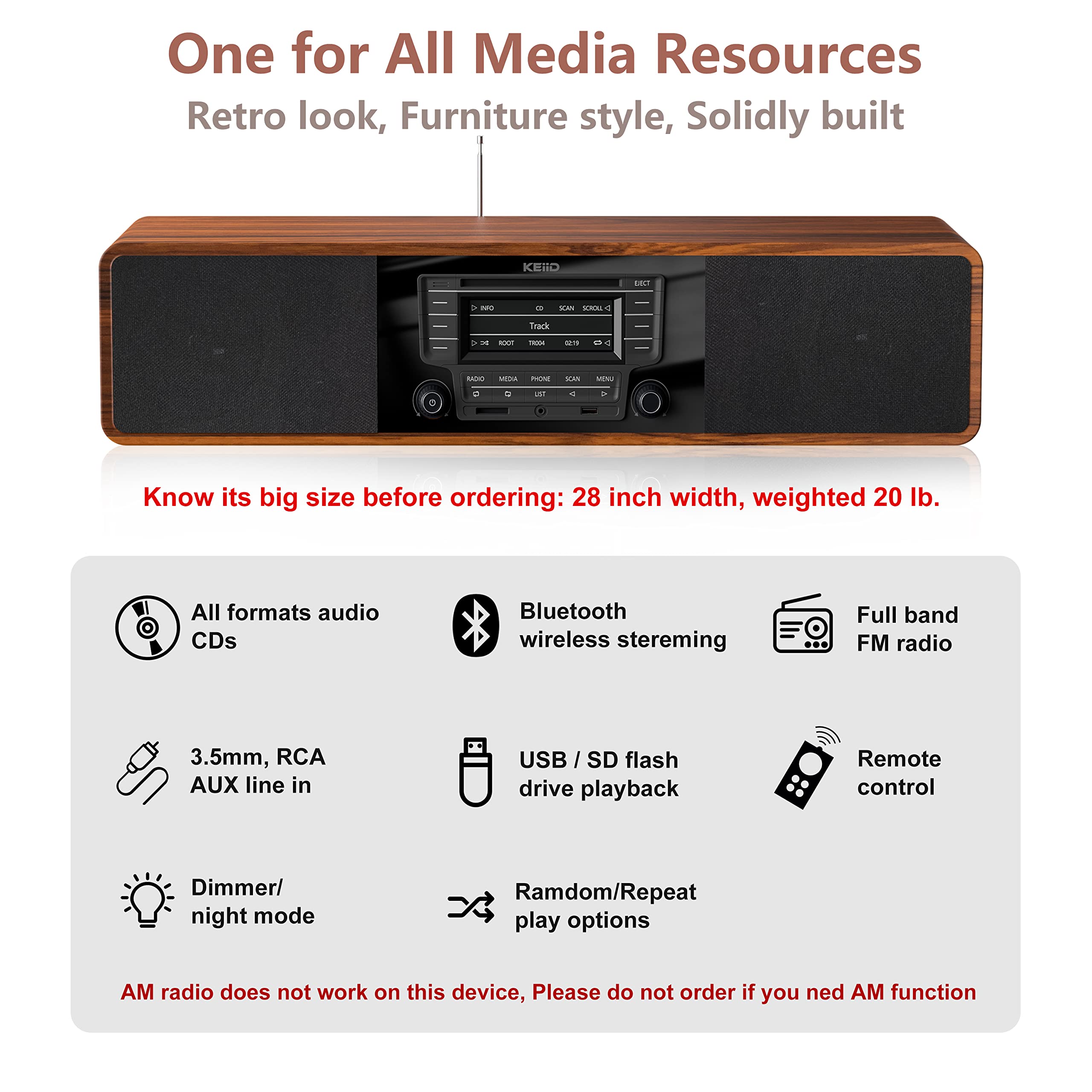 KEiiD CD Player with Speakers Bluetooth for Home Stereo System Boombox FM Radio USB SD AUX Remote Control, 28 Inch Long 20 Pounds Weight