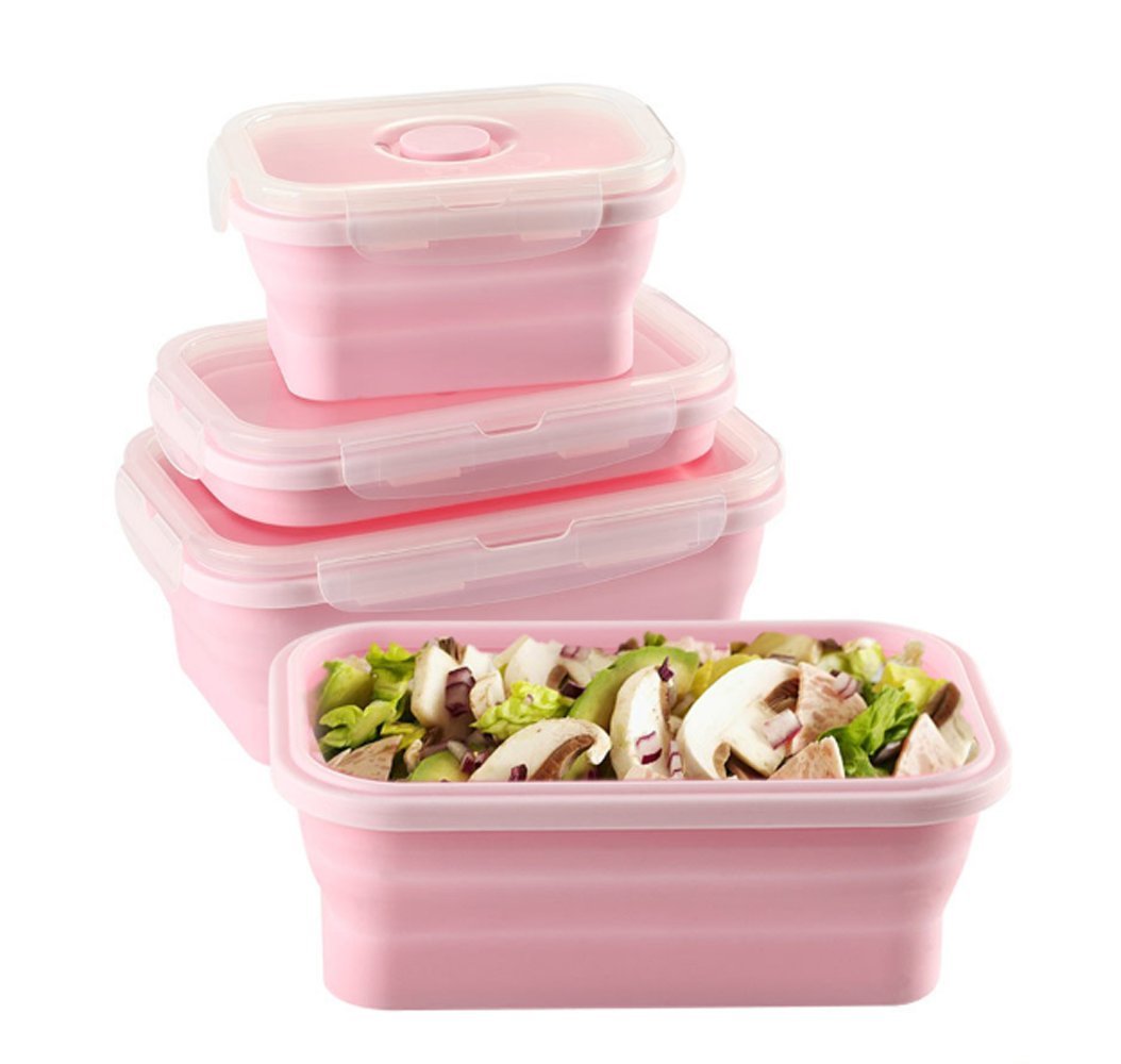 Keweis Silicone Lunch Box Bento Box, Collapsible Folding Food Storage Container with Lids, Kitchen Microwave Freezer and Dishwasher Safe, Set of 3, (Pink)