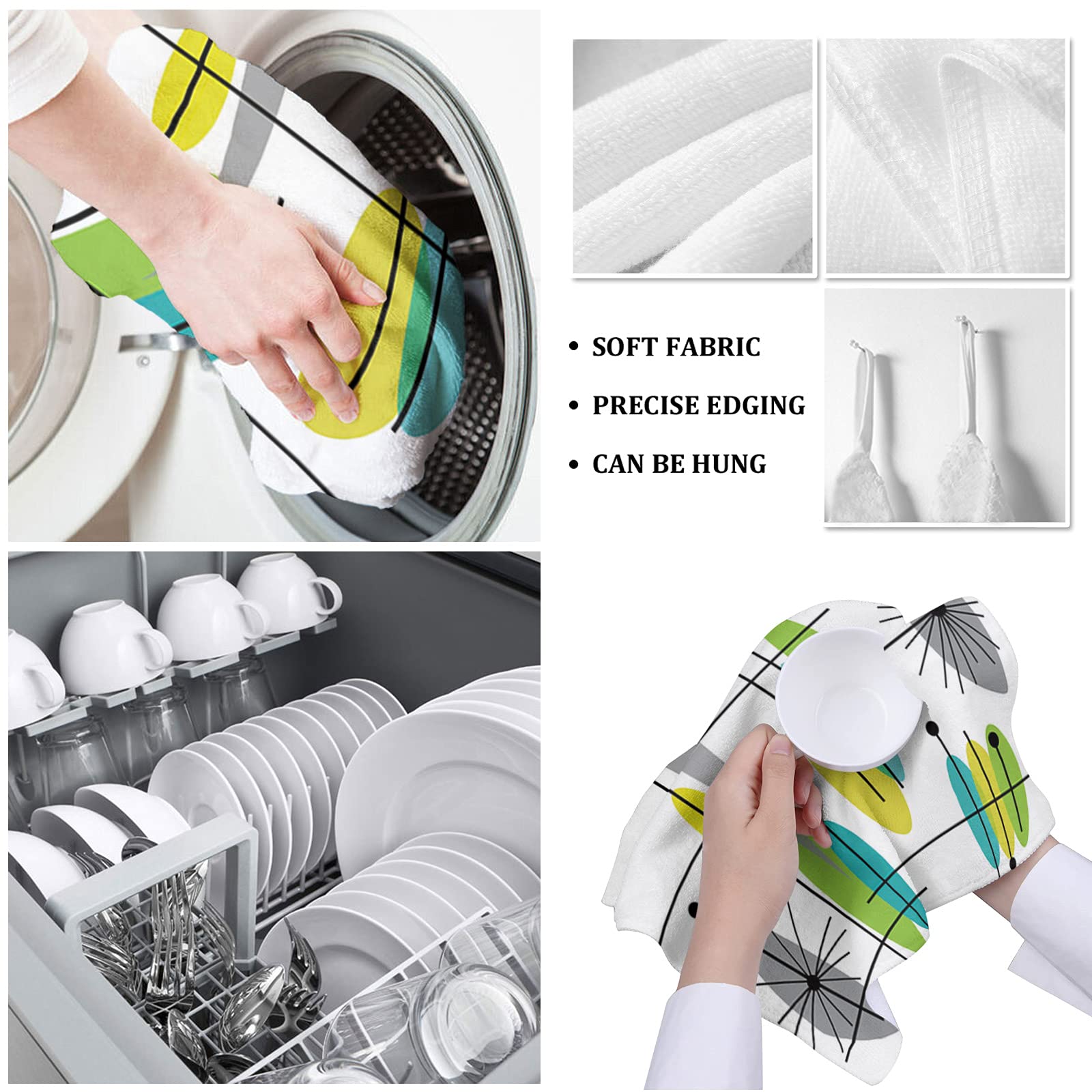 Kitchen Dish Towels 3 Pack-Super Absorbent Soft Microfiber,Mid Century Modern 44 Pattern Decoration Design Cleaning Dishcloth Hand Towels Tea Towels for Kitchen Bathroom Bar